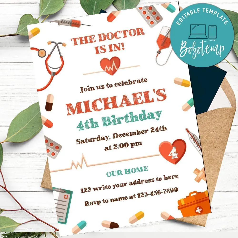 Doctor Birthday Party Invitation Customizable Template | Bobotemp