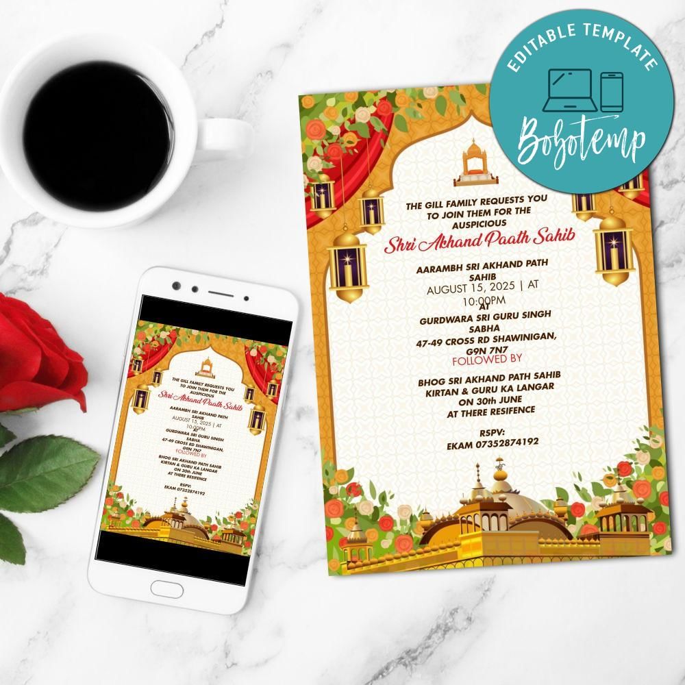 Akhand Path Invitation Customizable Template Instant Download | Bobotemp