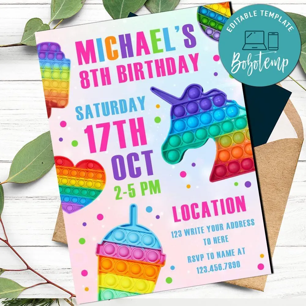 Pop it birthday invite Customizable Template Instant Download | Bobotemp