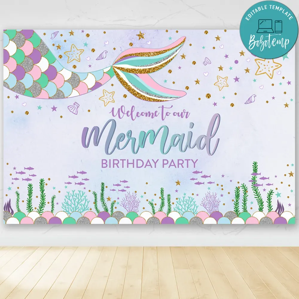 Mermaid Birthday Party Banner Backdrop Printable DIY | Sunmily