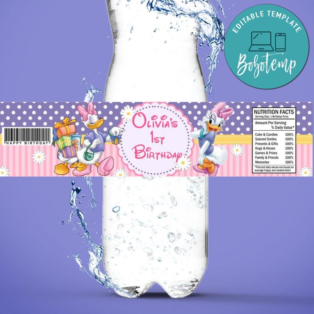 Daisy Duck Birthday Water Bottle Label Template | Bobotemp