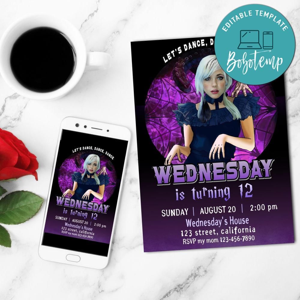 Wednesday Birthday Invitation With photo Customizable DIY | Bobotemp