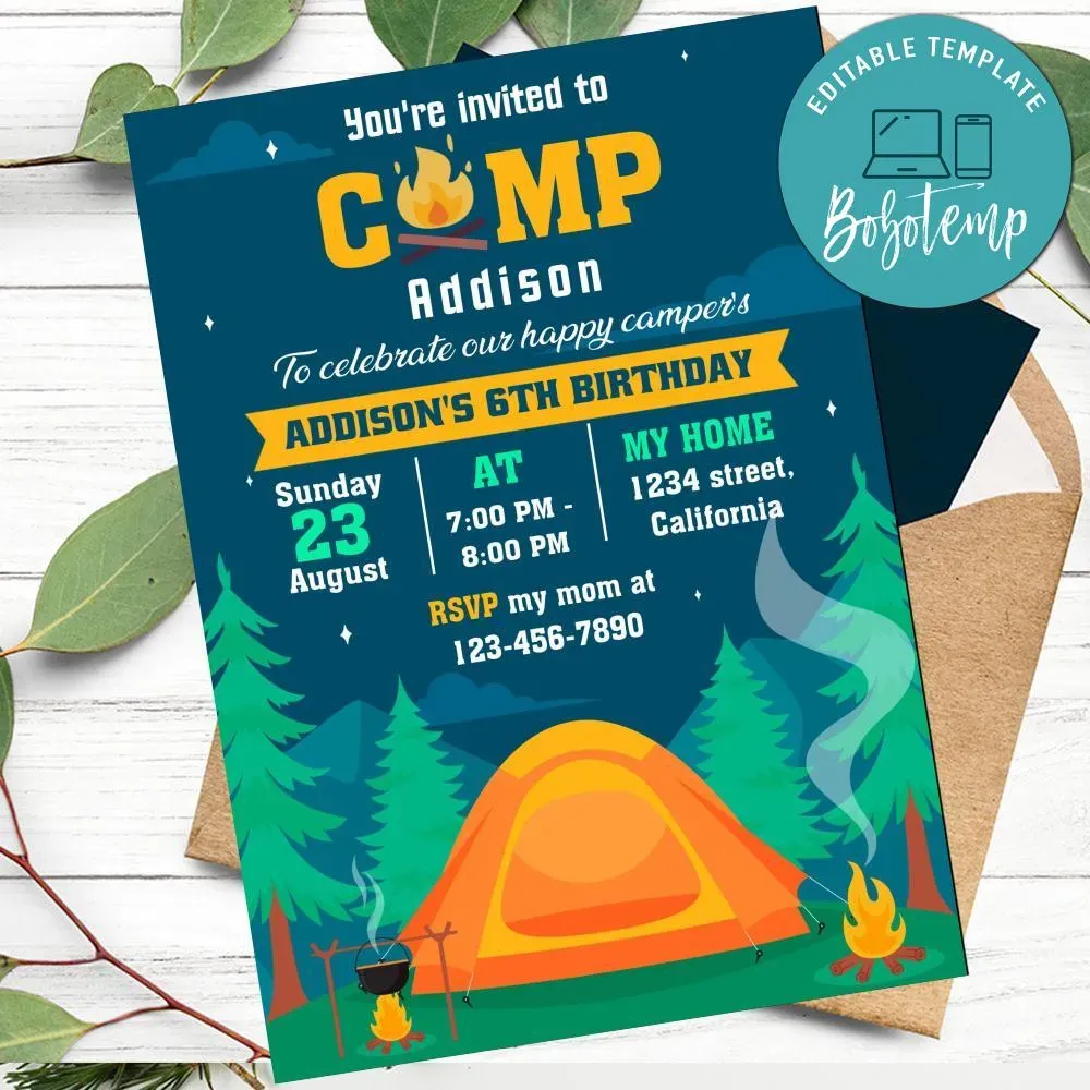 Camping Birthday Invitation Customizable Template DIY | Bobotemp