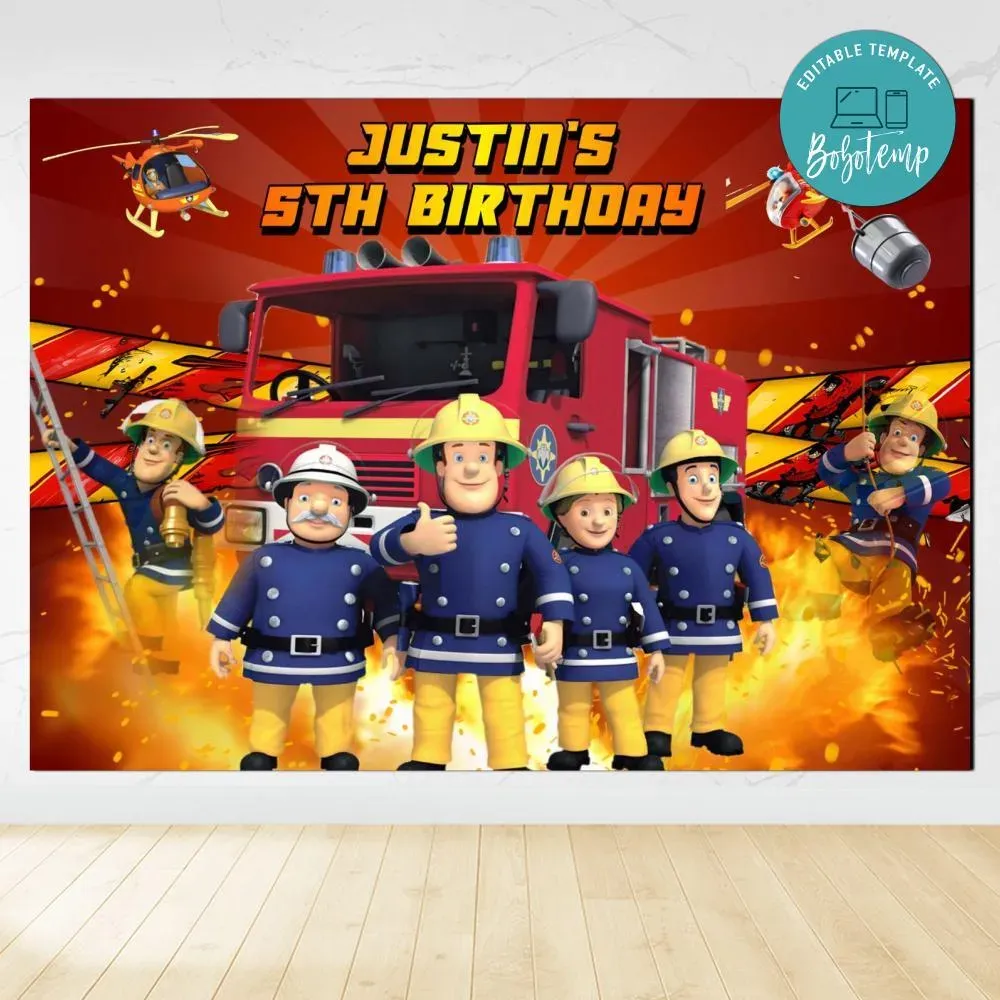 Fireman Sam Birthday Backdrop Digital File Template | Bobotemp