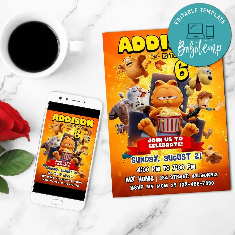 Garfield Birthday Invitation Customizable Template DIY | Bobotemp