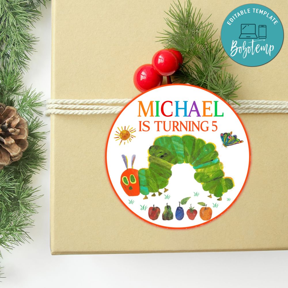 Hungry Caterpillar Circle Sticker Template Customizable DIY | Bobotemp