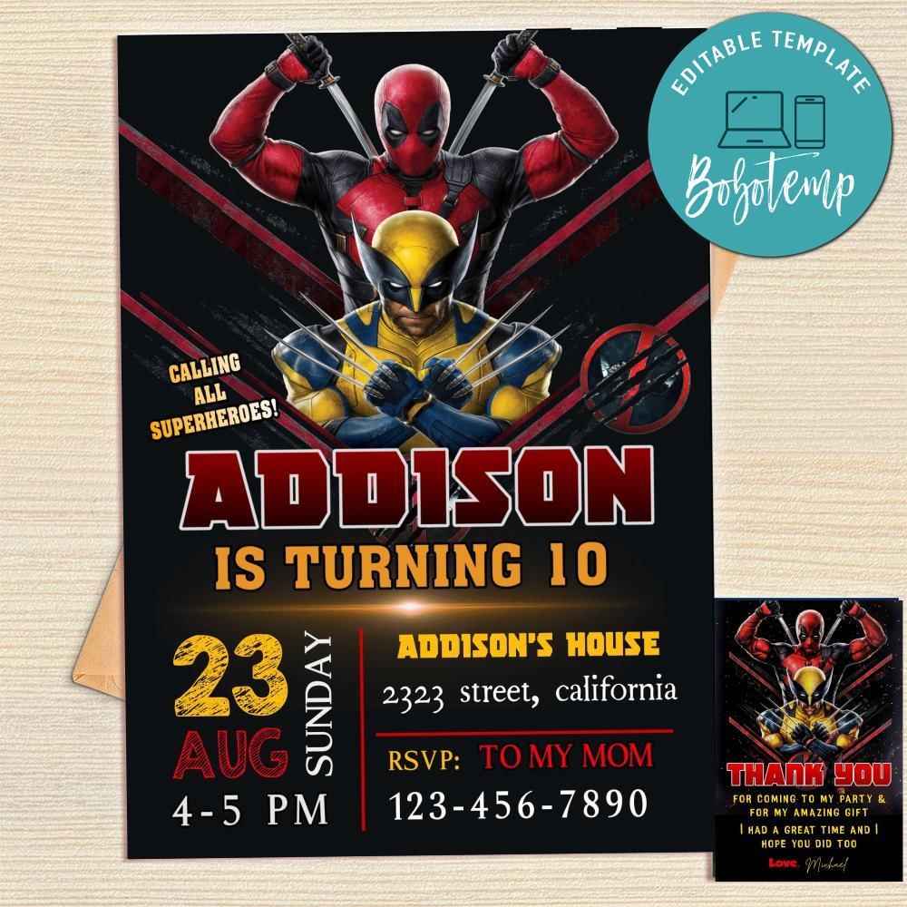Deadpool & Wolverine Invitation Template Free Thank You Card Printable ...