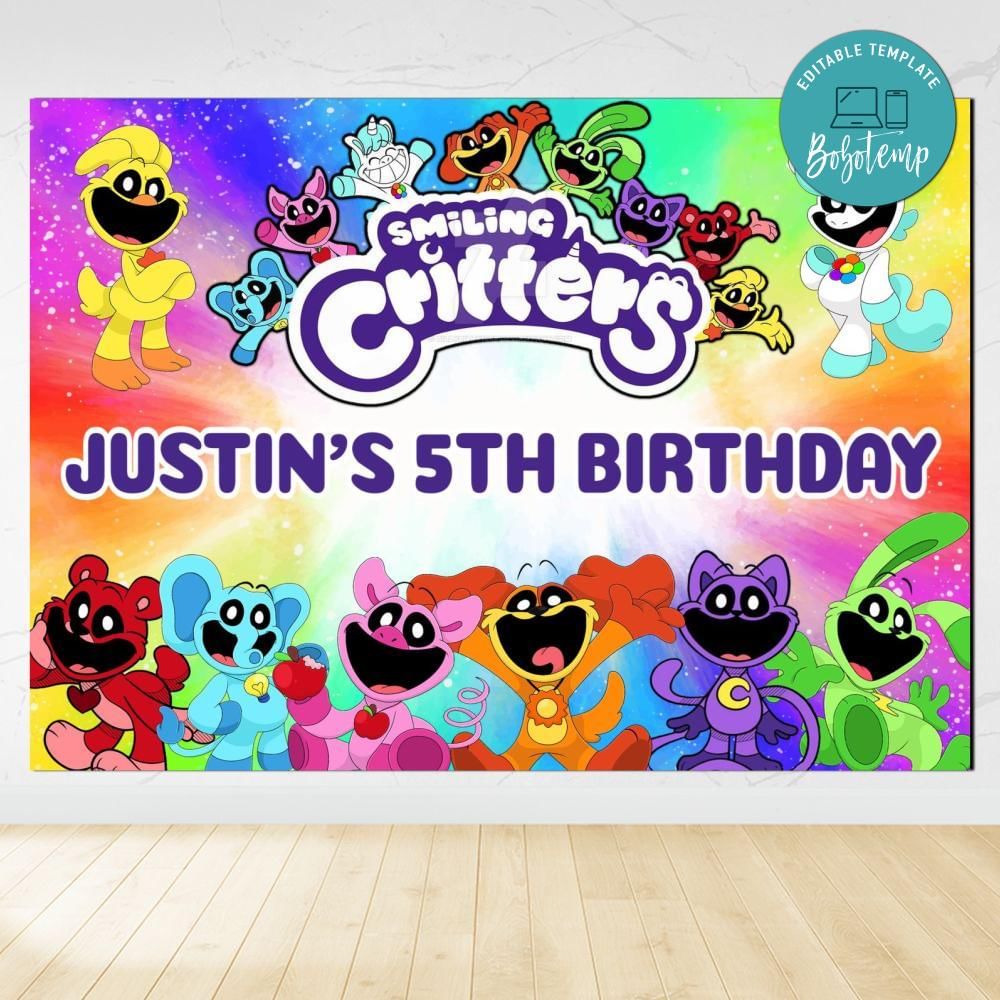 Smiling Critters Birthday Backdrop Digital File Template | Bobotemp