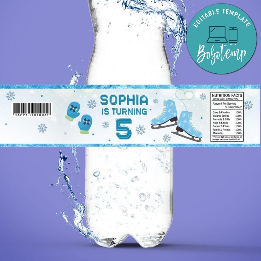 Ice Skating Birthday Water Bottle Label Template | Bobotemp