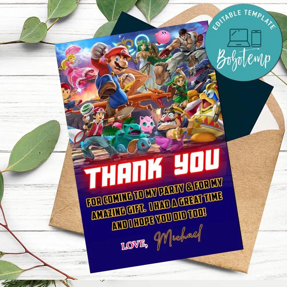 Super Smash Brothers Thank You Card Customizable Template DIY | Bobotemp