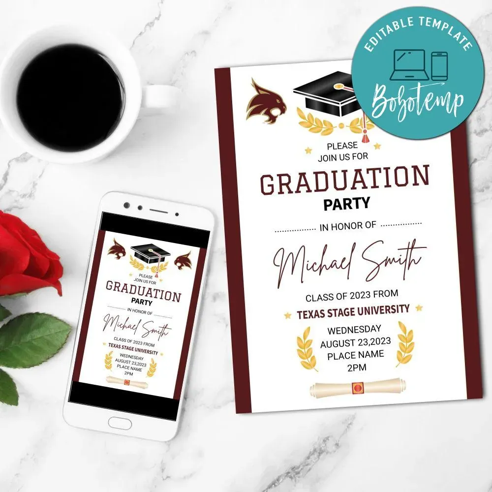 Texas state graduation Invitation Customizable Template DIY | Bobotemp