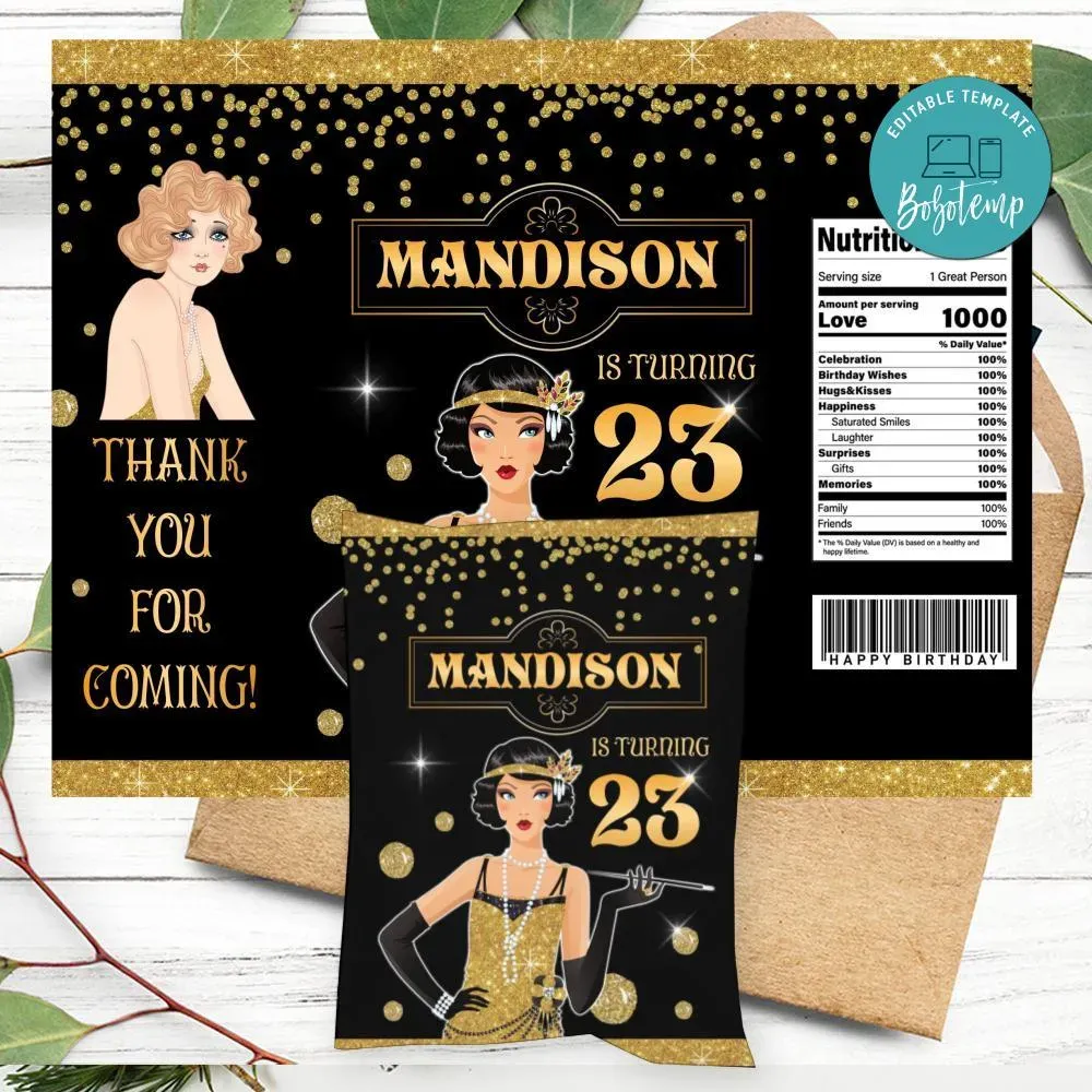 Flapper Birthday Party Chip Bag Digital File DIY | Bobotemp