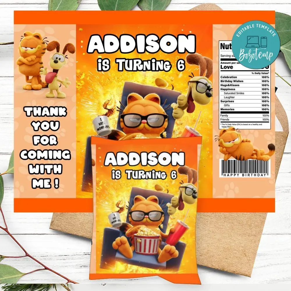Garfield Birthday Party Chip Bag Digital File DIY | Bobotemp