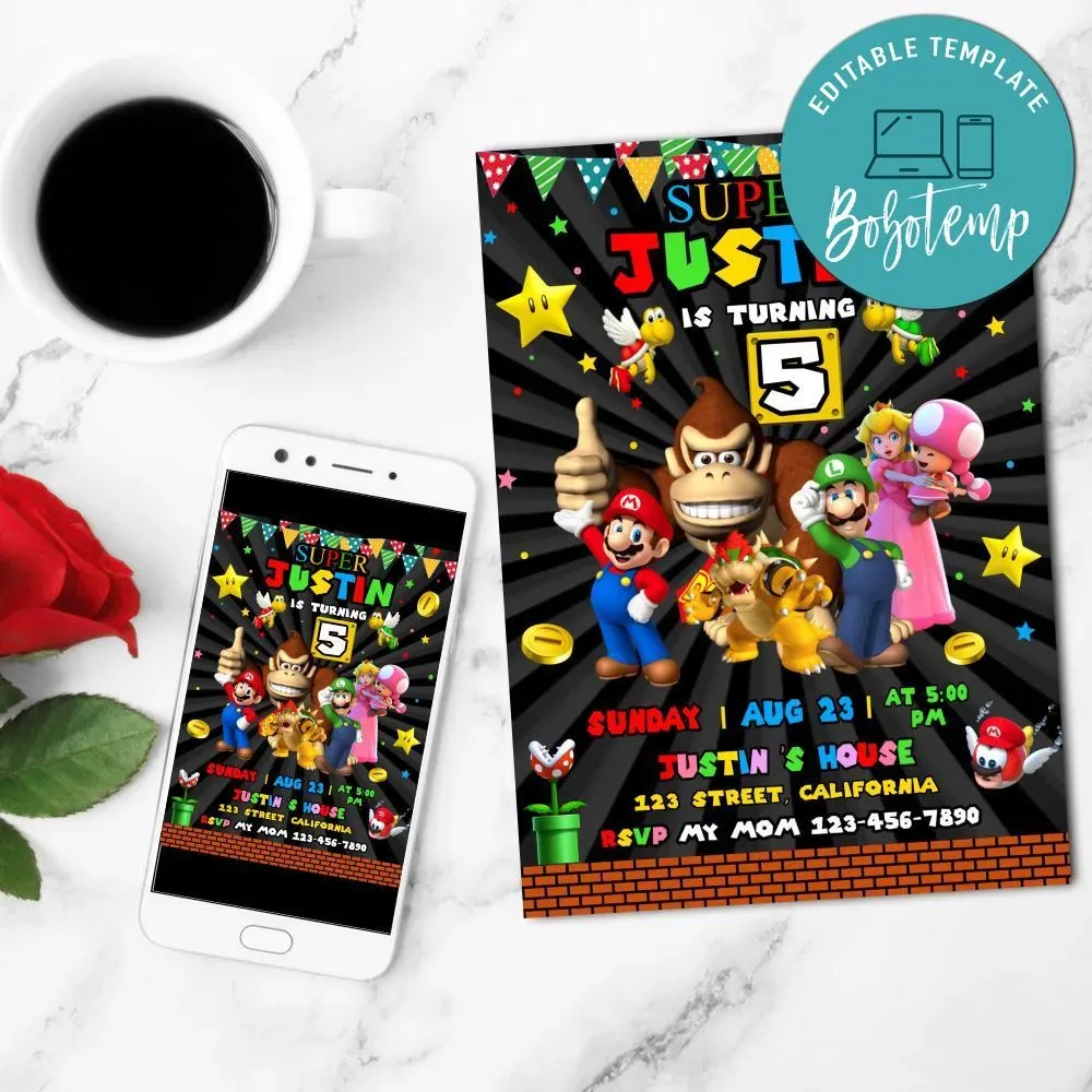 Super Mario Mobile Invite Customizable Instant Download | Bobotemp