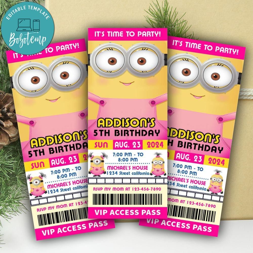 Girl Minions Ticket Invitation Customizable Template | Bobotemp