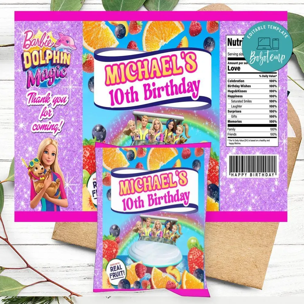 Barbie Dolphin Magic Birthday Party Fruit Snack Bag Digital File | Bobotemp