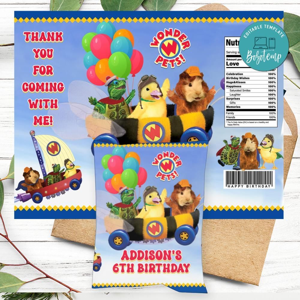 Wonder Pets Birthday Chip Bag Digital File Printable | Sportspartydesign