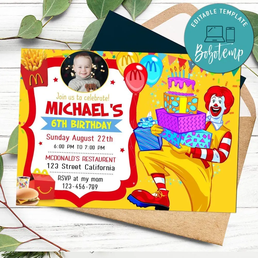 McDonald Birthday Invitation with Photo Customizable | Bobotemp