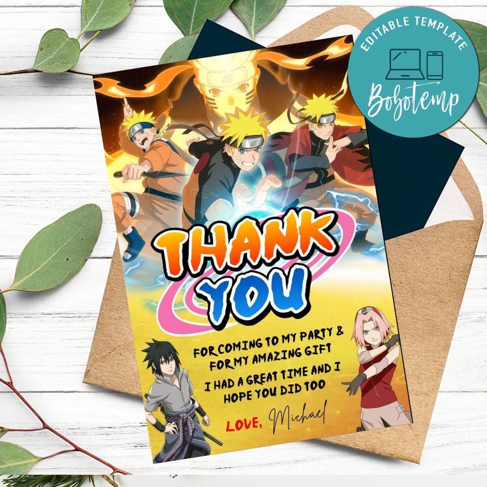 Naruto shippuden Thank you card Customizable Template DIY | Bobotemp Shop