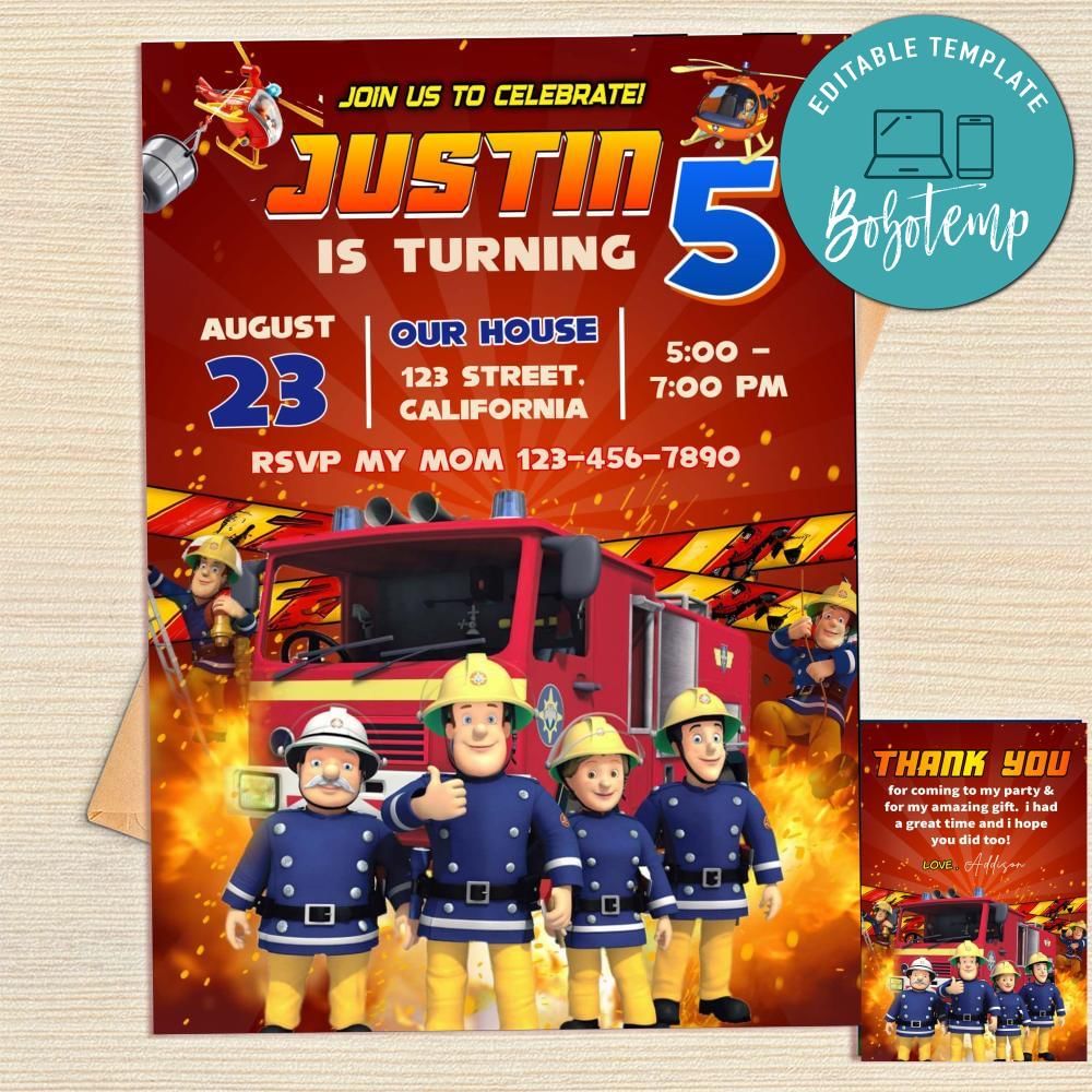 Fireman Sam Invitation Template Free Thank You Card Printable | Bobotemp