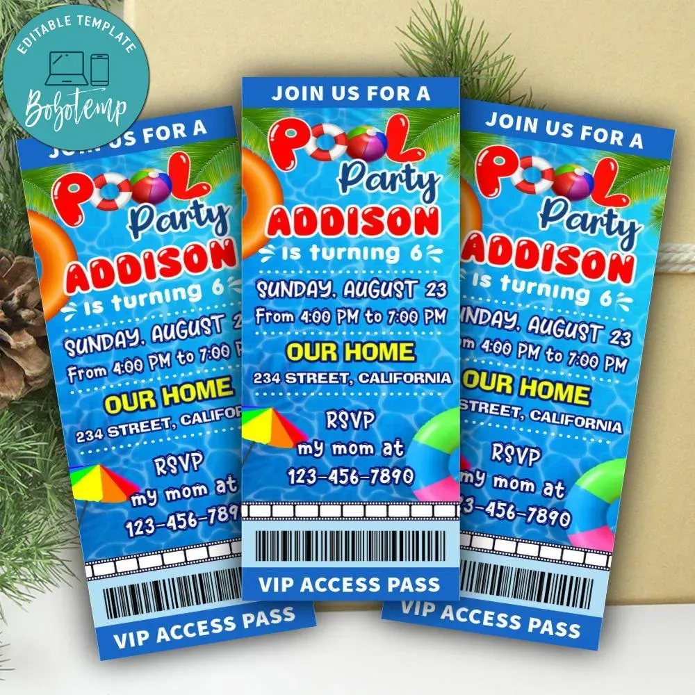 Pool Party Ticket Invitation Customizable Template | Bobotemp