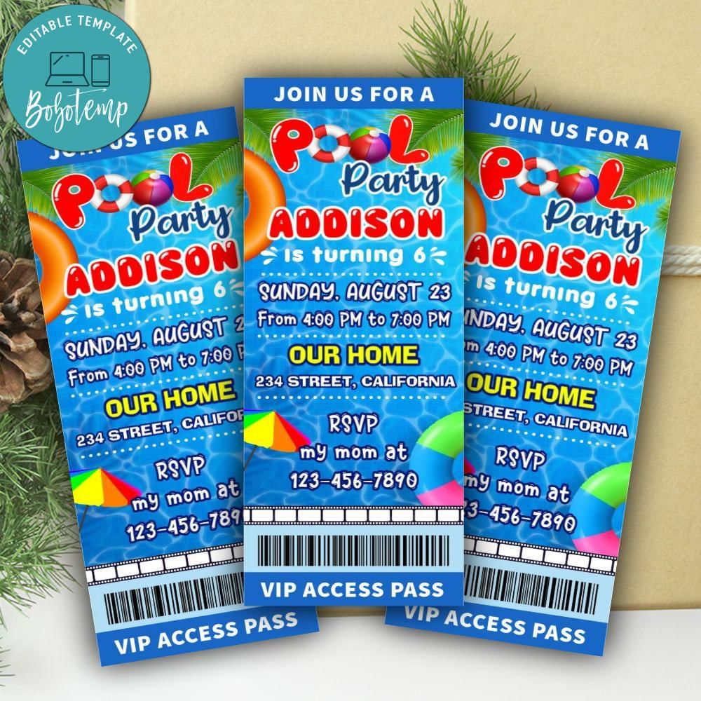 Pool Party Ticket Invitation Customizable Template | Bobotemp