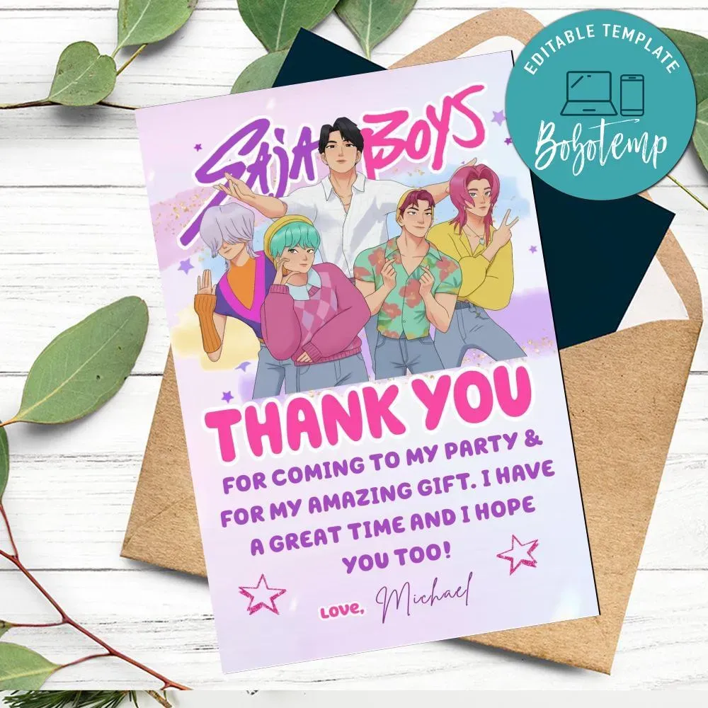 Saja Boys Thank You Card Customizable Template DIY | Bobotemp