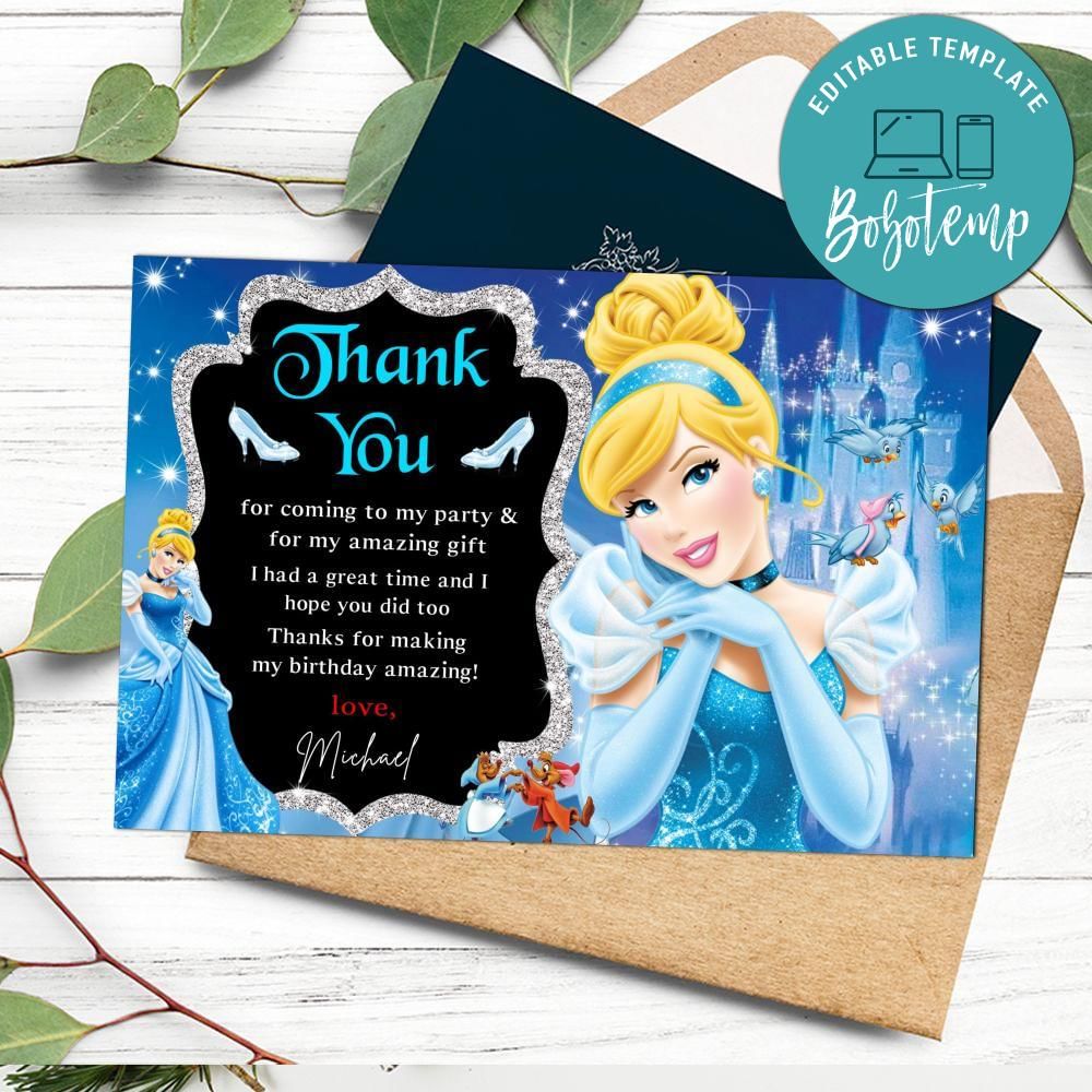 Cinderella Thank you card Customizable Template DIY | Bobotemp