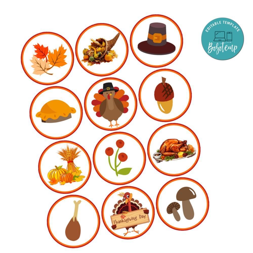 Thanksgiving Cupcake Toppers Template Printable Instant Download | Bobotemp
