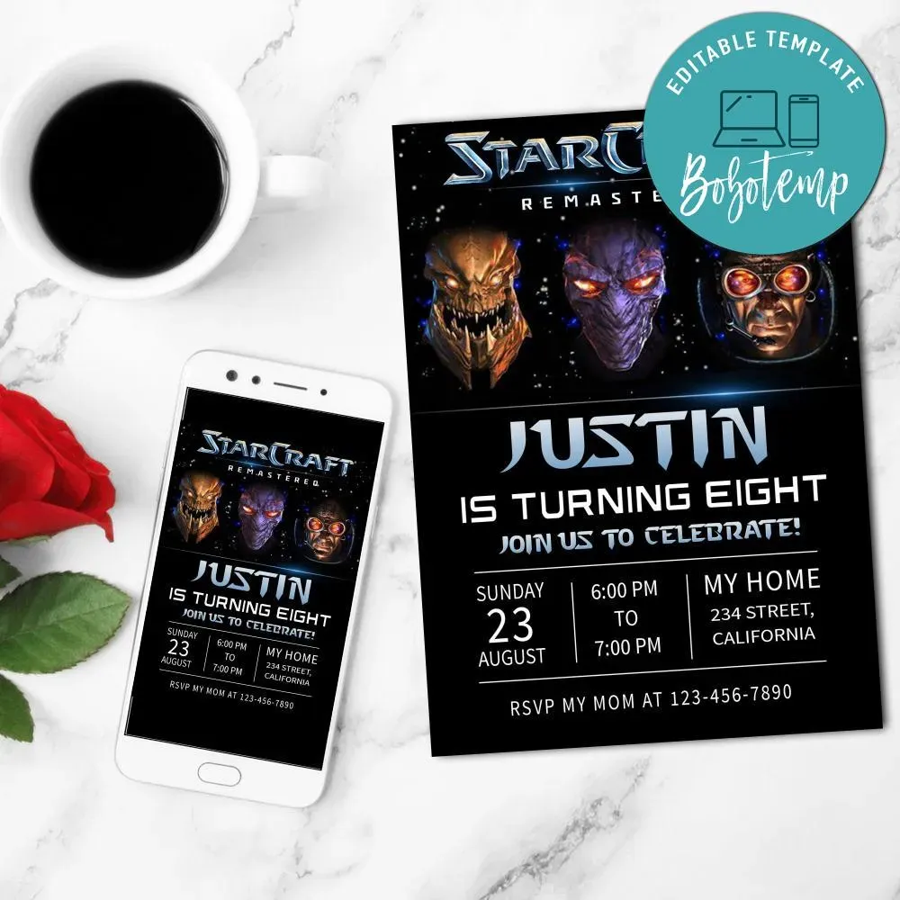 Starcraft Birthday Invitation Customizable Template Diy Createpartylabels