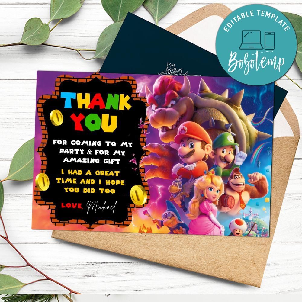 Super Mario Bros Thank You Card Customizable Template DIY | Bobotemp