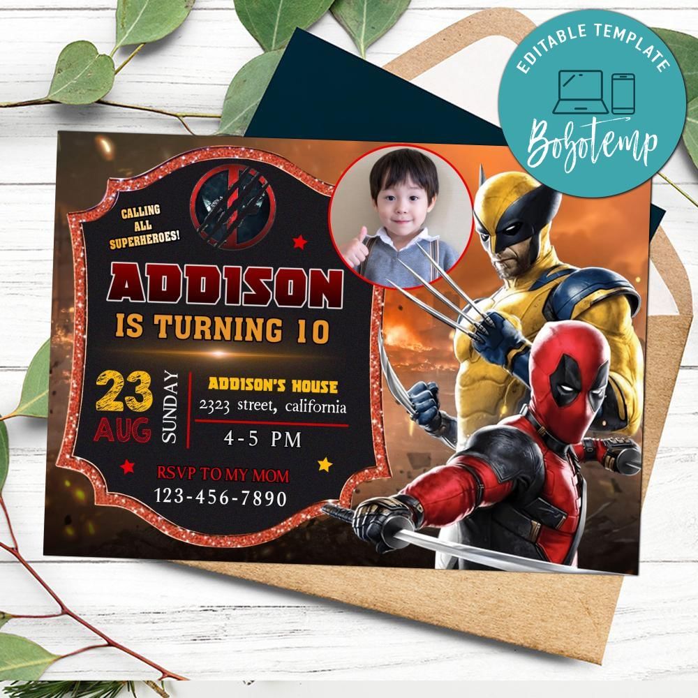 Deadpool & Wolverine Birthday Invitation with Photo Customizable | Bobotemp
