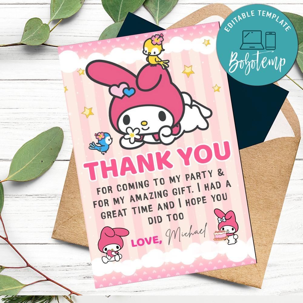 My Melody Thank You Card Customizable Template DIY | Bobotemp