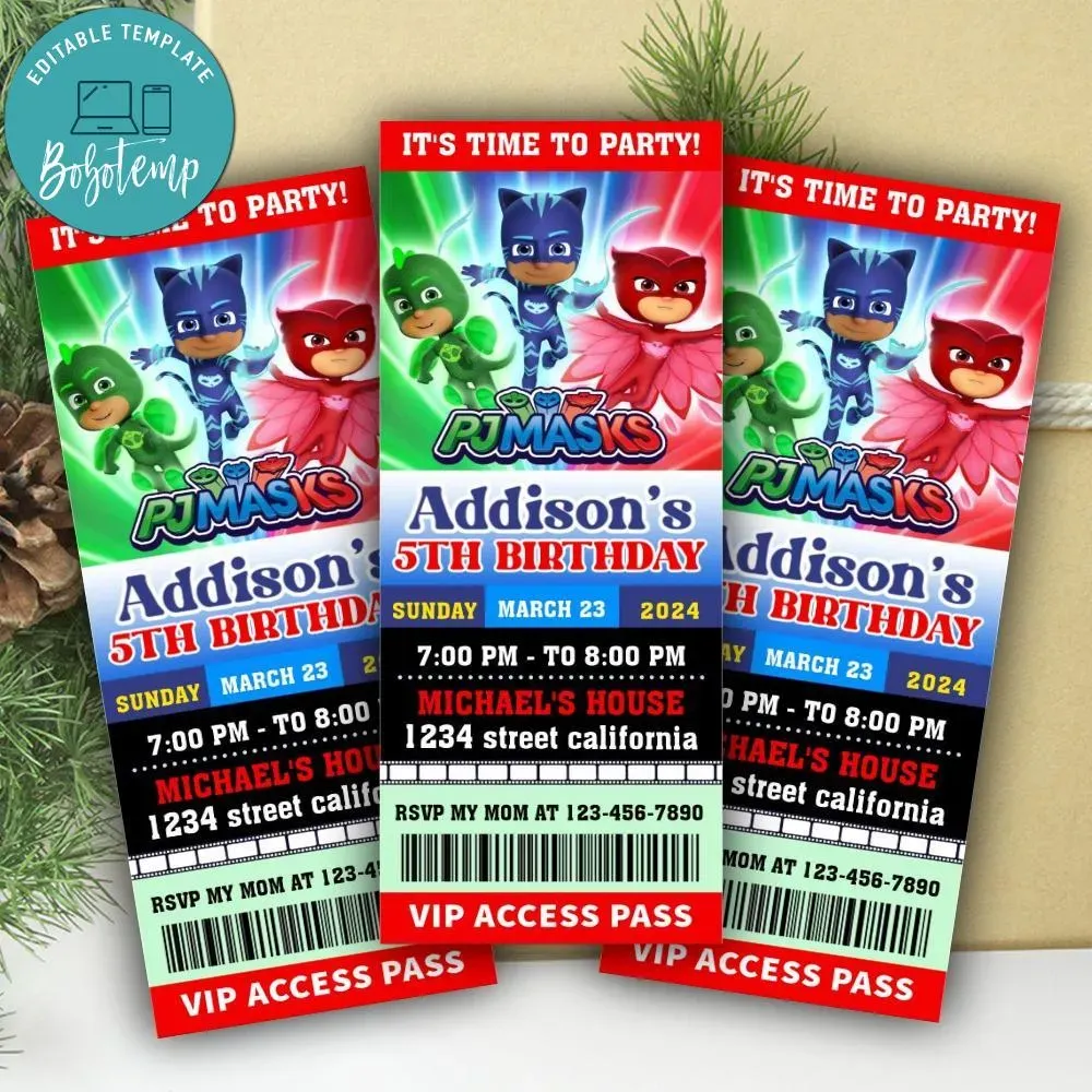 Pj Mask Ticket Invitation Customizable Template | Bobotemp