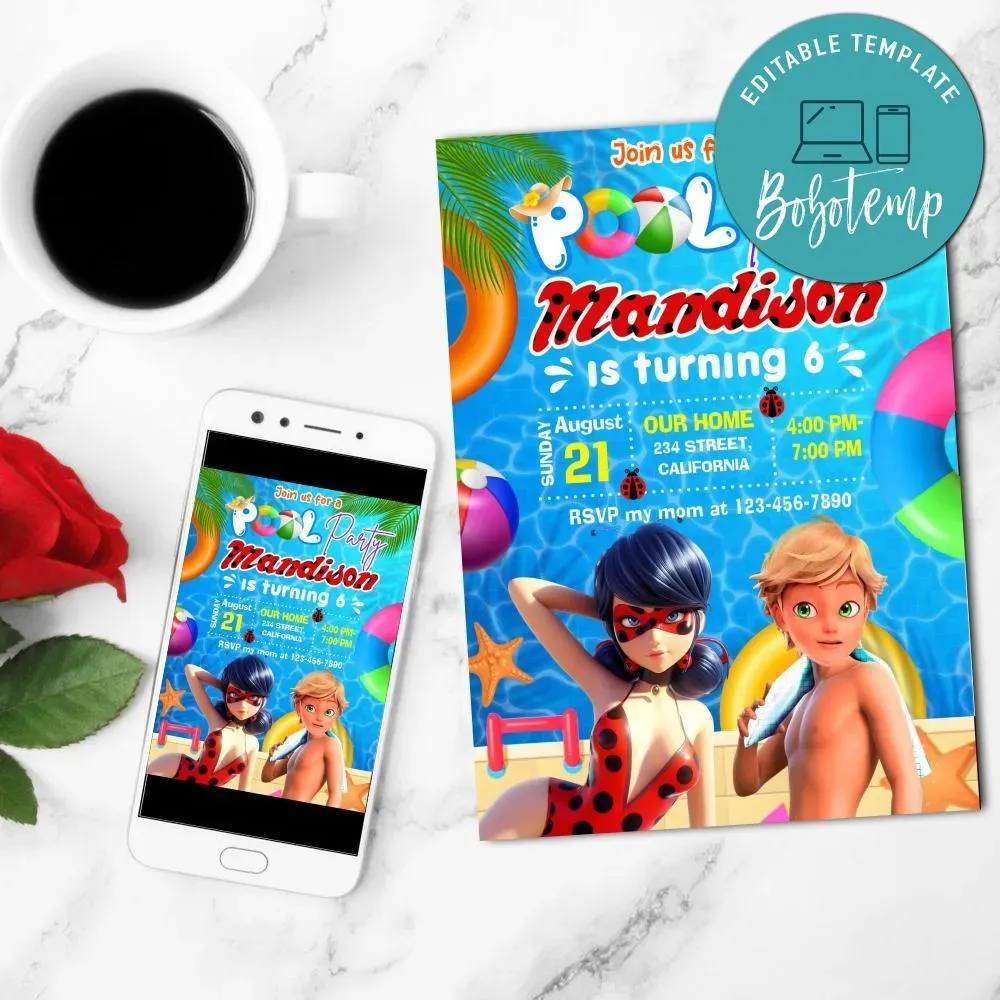 Miraculous pool party Invitation Customizable Template DIY | Bobotemp