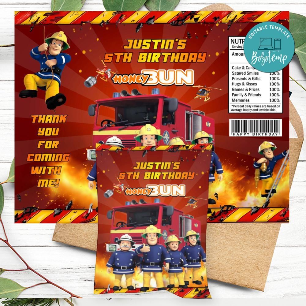 Fireman Sam Birthday Honey Buns Snack Bag Label Customizable | Bobotemp