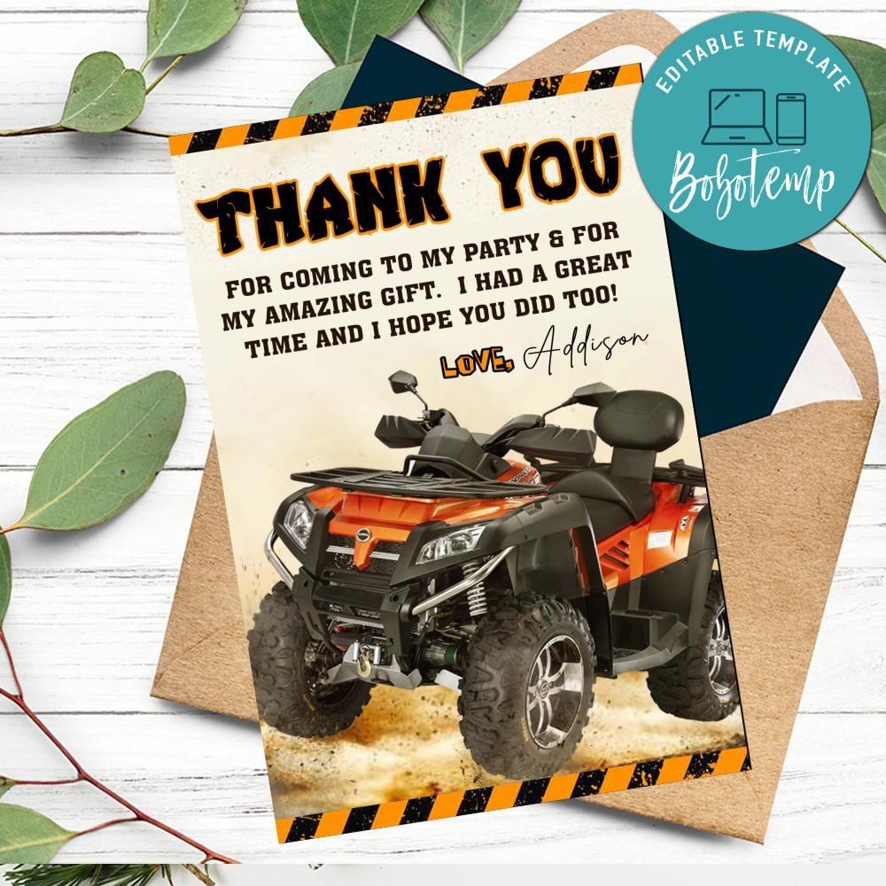 Four Wheeler Thank You Card Customizable Template DIY | Bobotemp