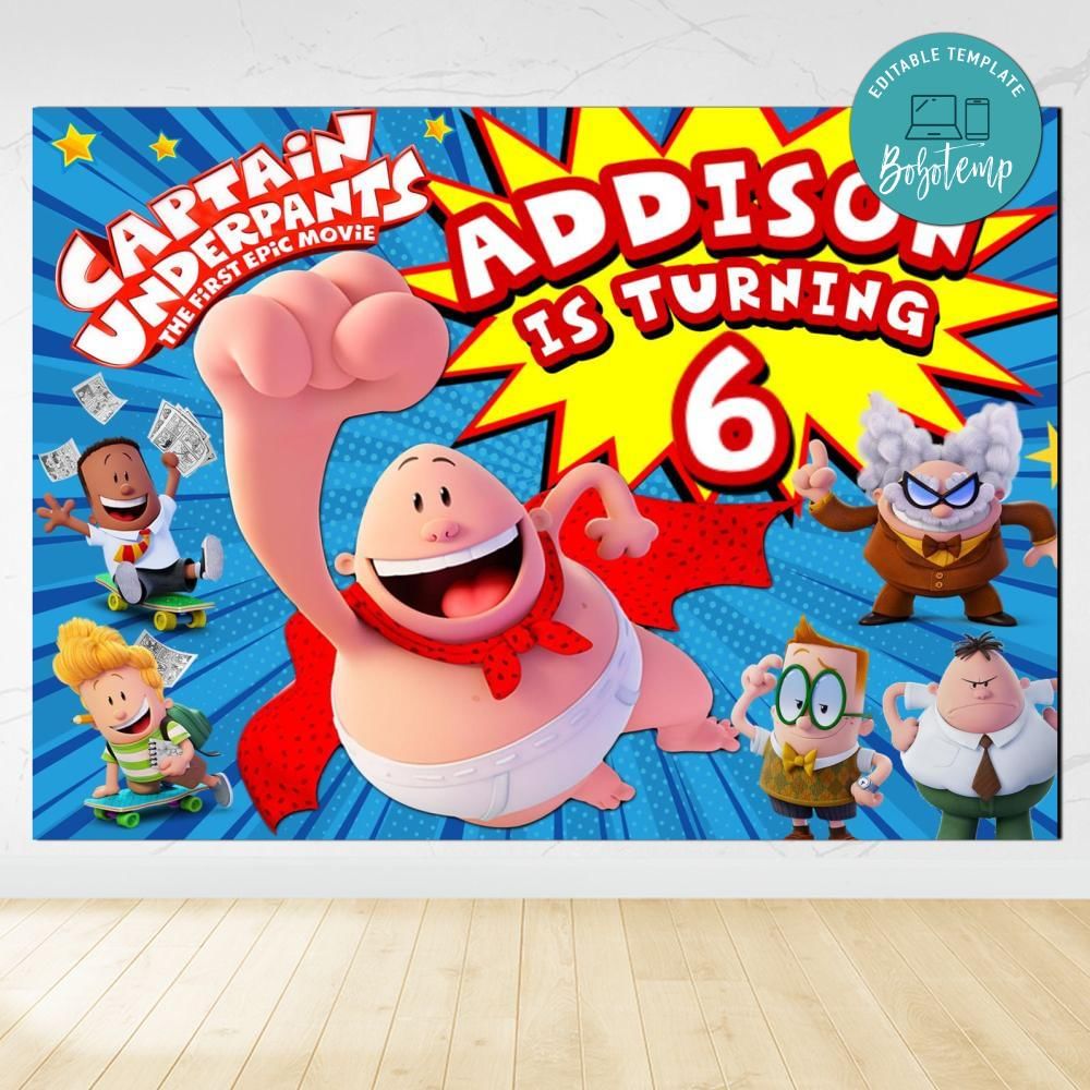 Captain underpants Birthday Backdrop Digital File Template | Bobotemp