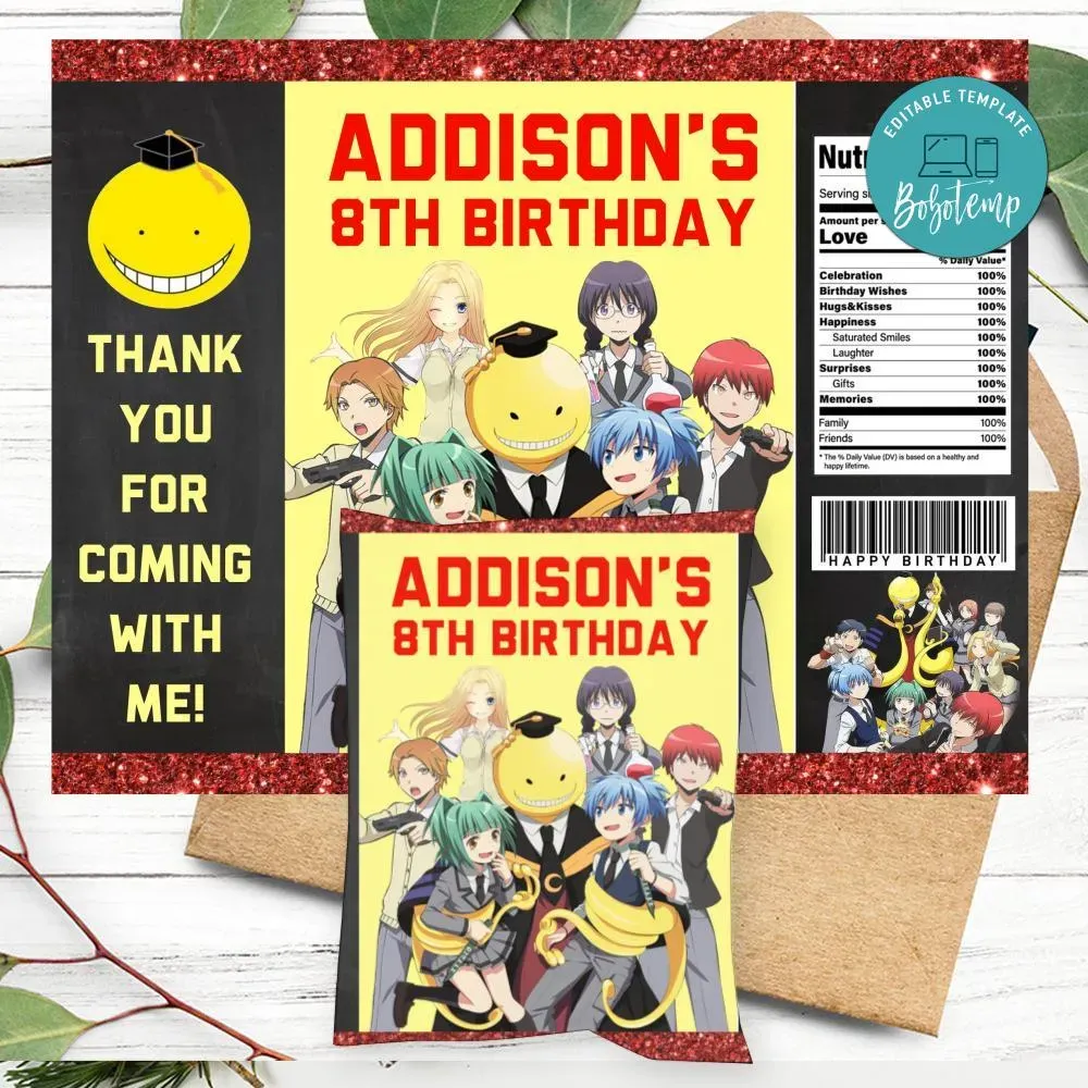 Assassination Classroom Birthday Party Chip Bag Digital File Diy Bobotemp