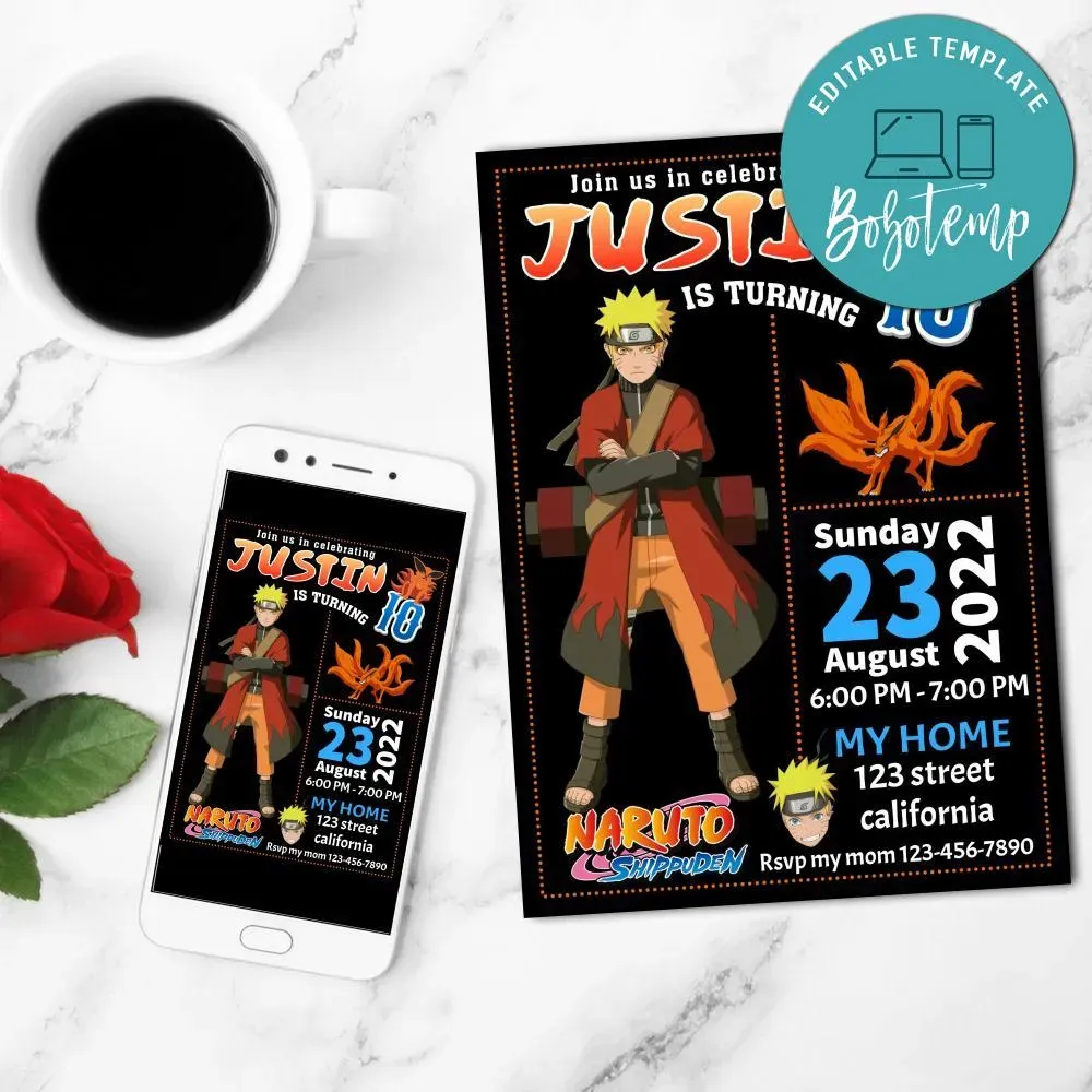 Naruto Shippuden Digital Invitation Customizable Template DIY | Bobotemp