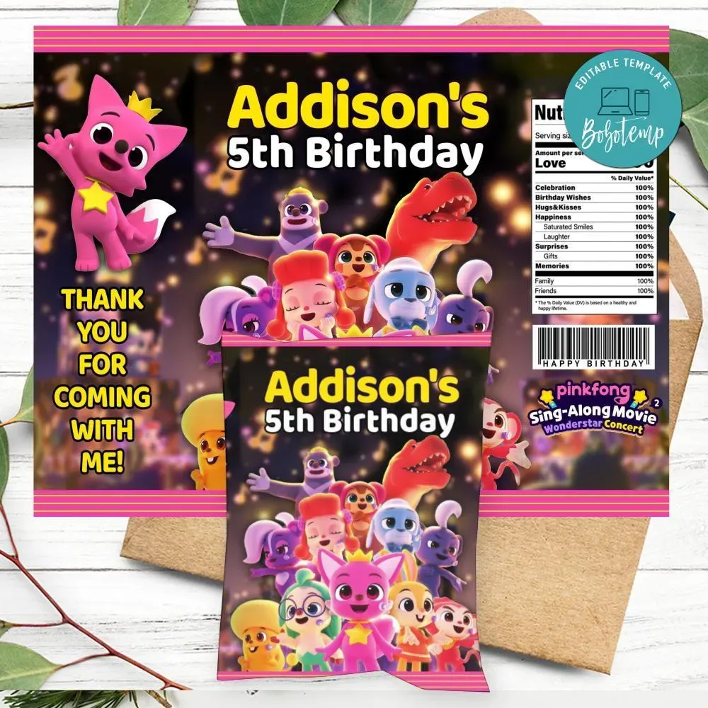 Pinkfong Birthday Party Chip Bag Digital File Diy Bobotemp