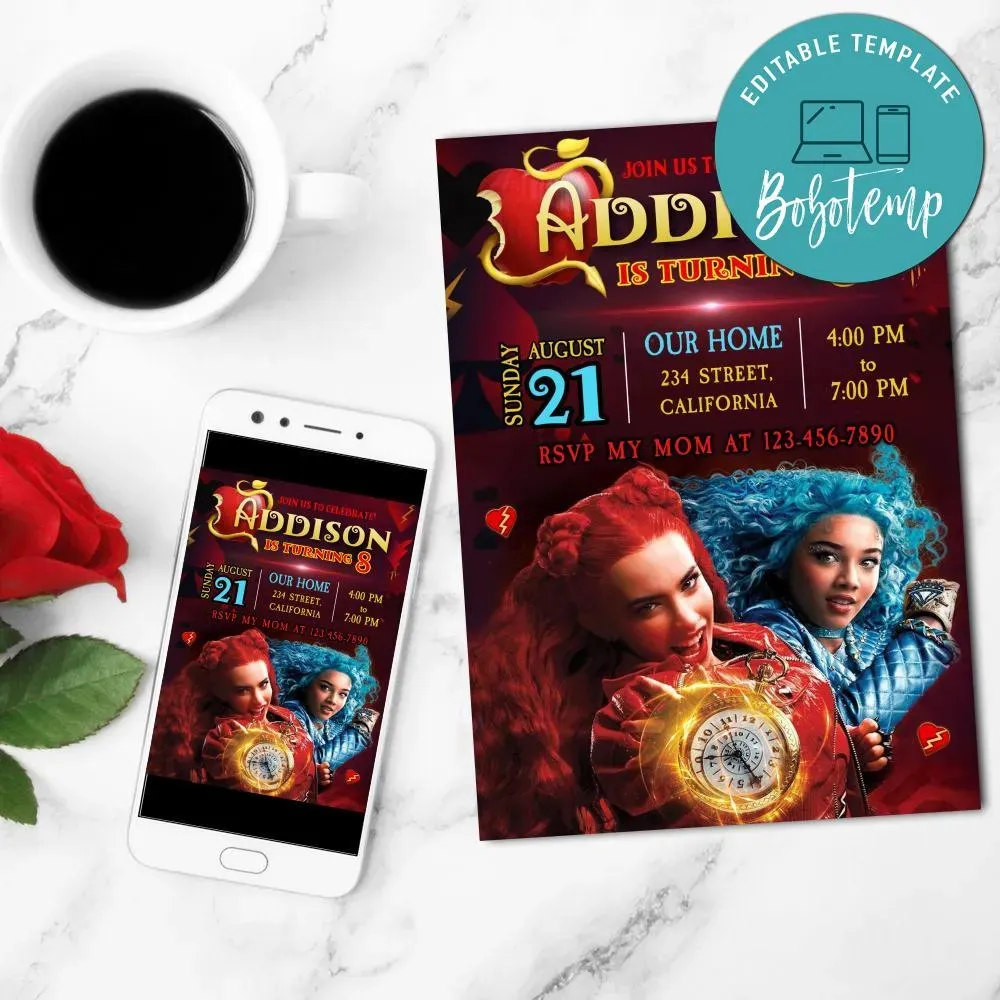 Descendants rise of red Birthday Invitation Customizable Template ...