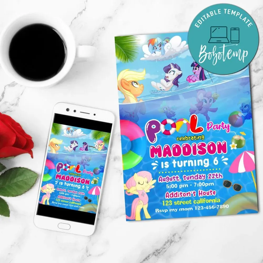 My Little Pony pool party Invitation Customizable Template DIY | Bobotemp