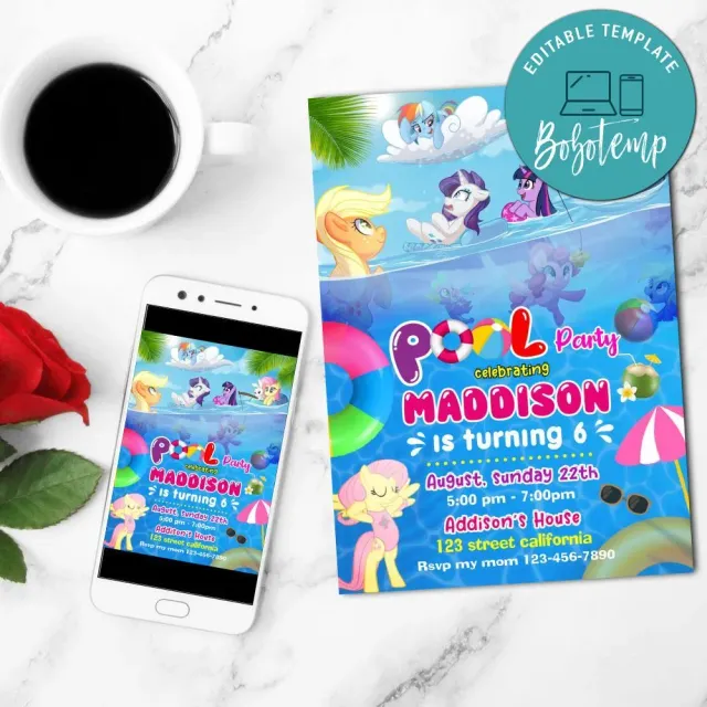 My Little Pony pool party Invitation Customizable Template DIY Bobotemp