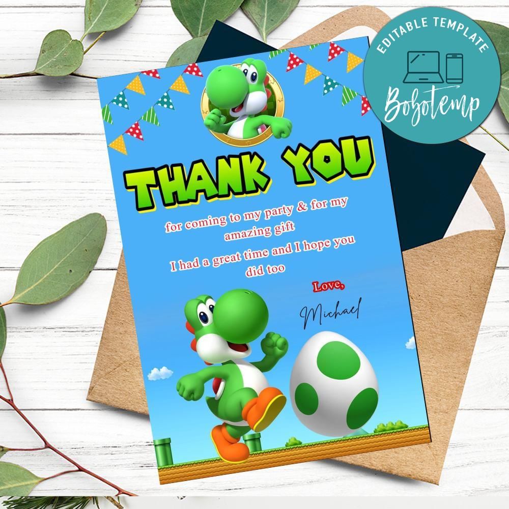 Yoshi Thank You Card Customizable Template DIY | Bobotemp
