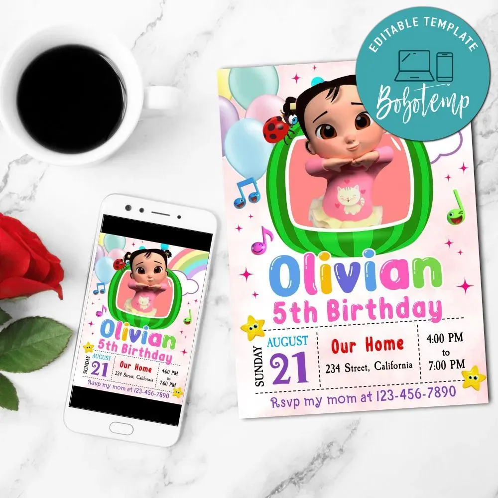 Cece cocomelon Birthday Invitation Customizable Template DIY | Bobotemp
