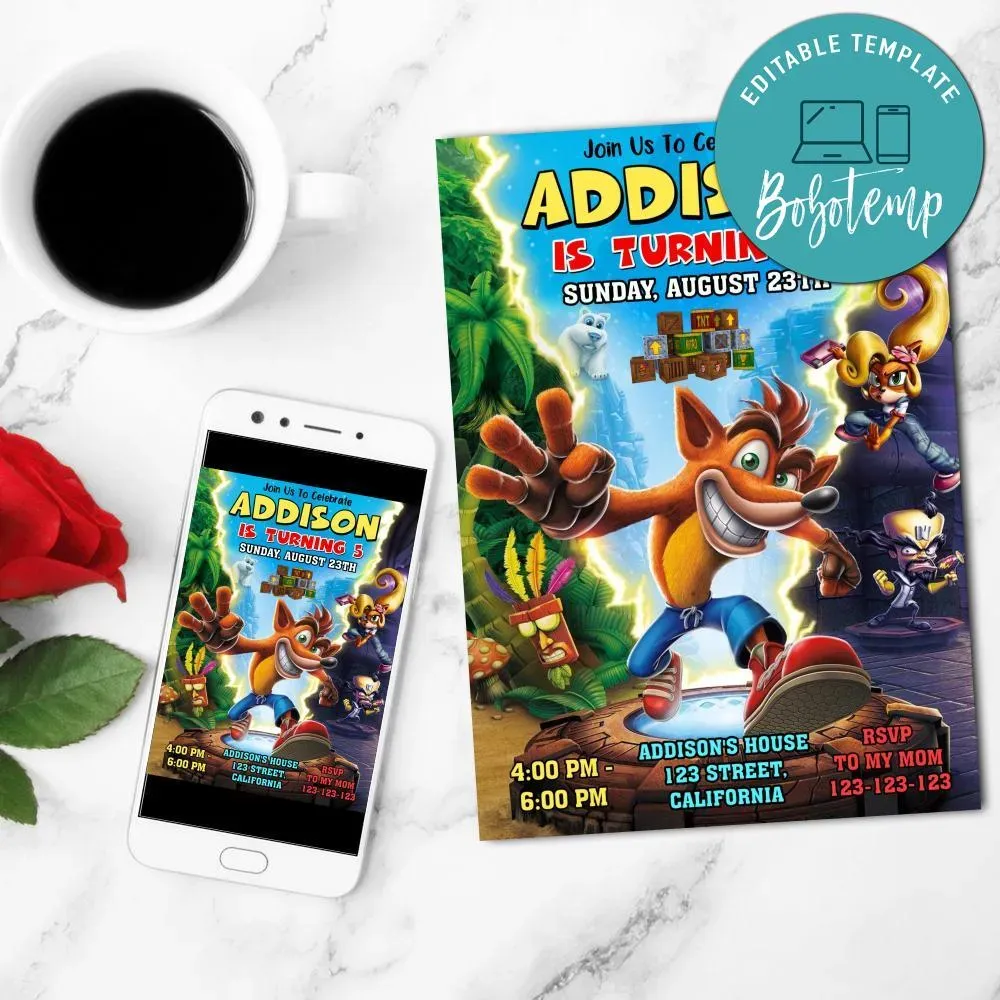 Crash Bandicoot Birthday Invitation Customizable Template Diy Bobotemp