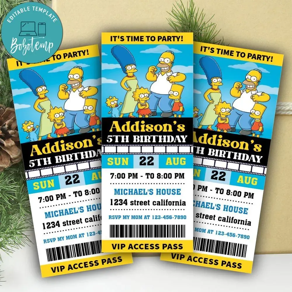 Simpson Ticket Invitation Customizable Template | Bobotemp