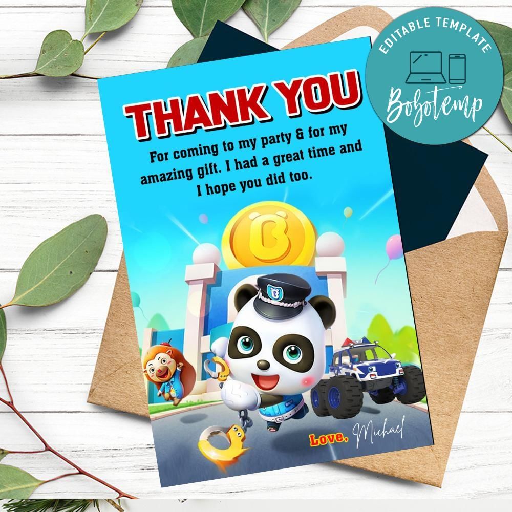 Babybus Police Thank You Card Customizable Template DIY | Bobotemp