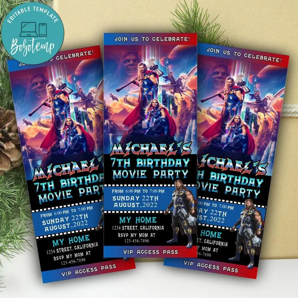 Thor Love and Thunder Ticket Invitation Customizable Template | Bobotemp
